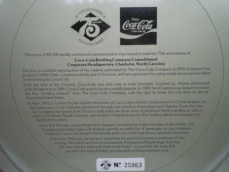 North Carolina - Coca-Cola Sammlertablett von 1977 – Hilda Clark, 39,00